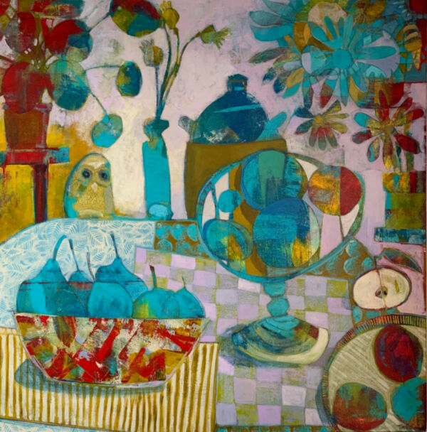 STONE OWL WITH BLUE PEARS by Tiffany Logan (Mixed Media On Canvas)